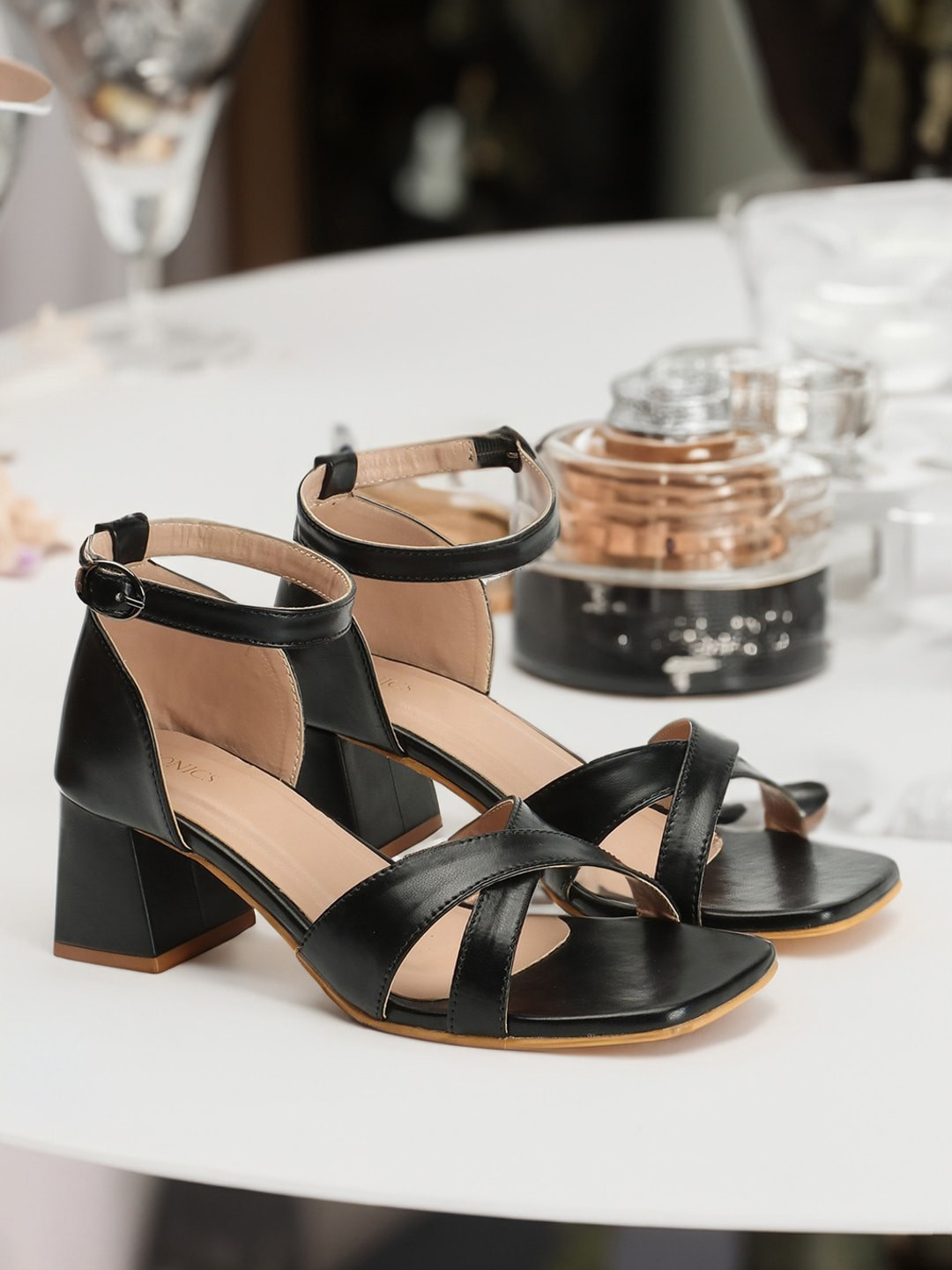 Buy ICONICS Cross Strap Open Toe Block Heels With Ankle Loop - Heels ...
