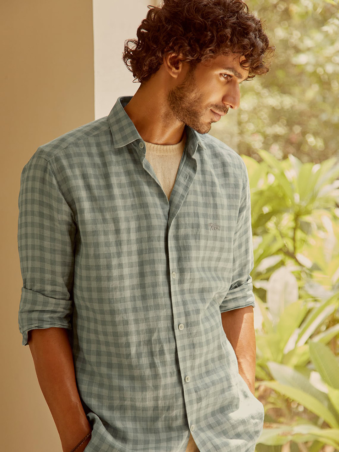 Buy Andamen Premium Slim Fit Gingham Checked Linen Semiformal Shirt ...