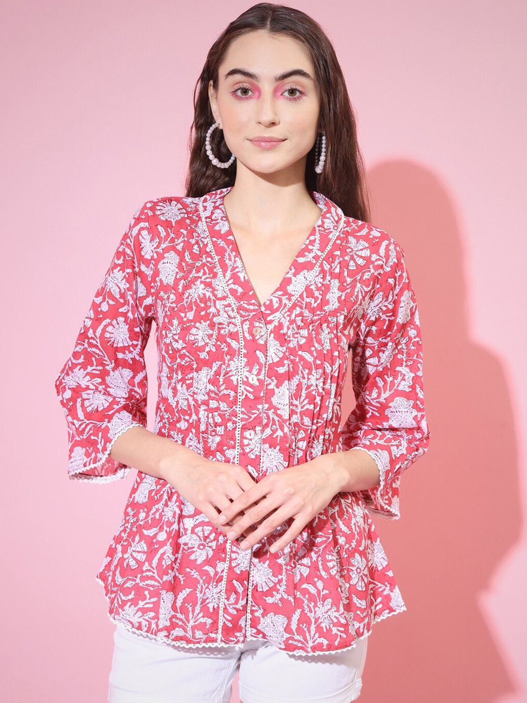 Buy DressBerry Red Floral Printed V Neck A Line Cotton Top - Tops for ...