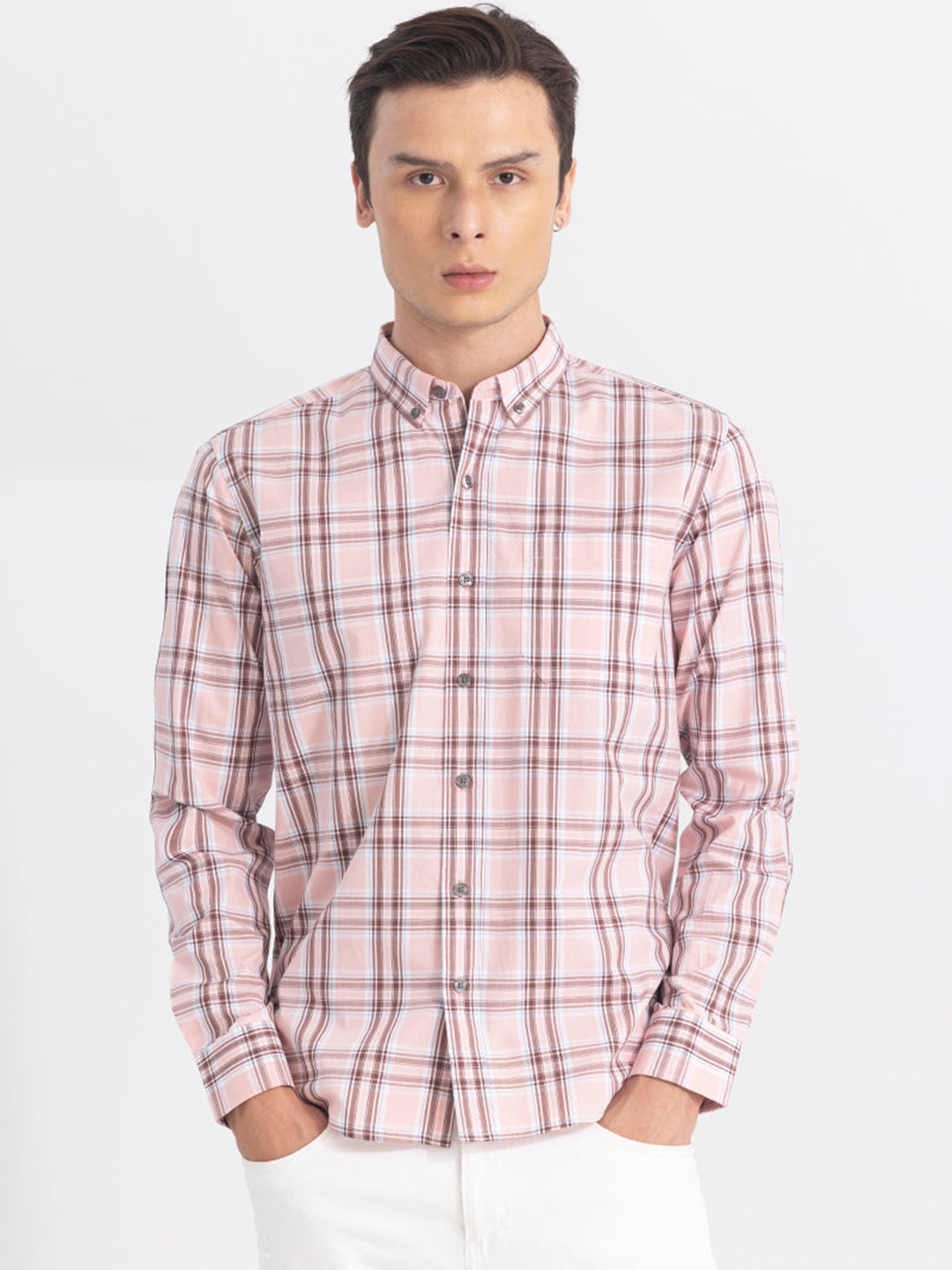 Buy Snitch Pink Classic Slim Fit Tartan Checks Opaque Pure Cotton ...