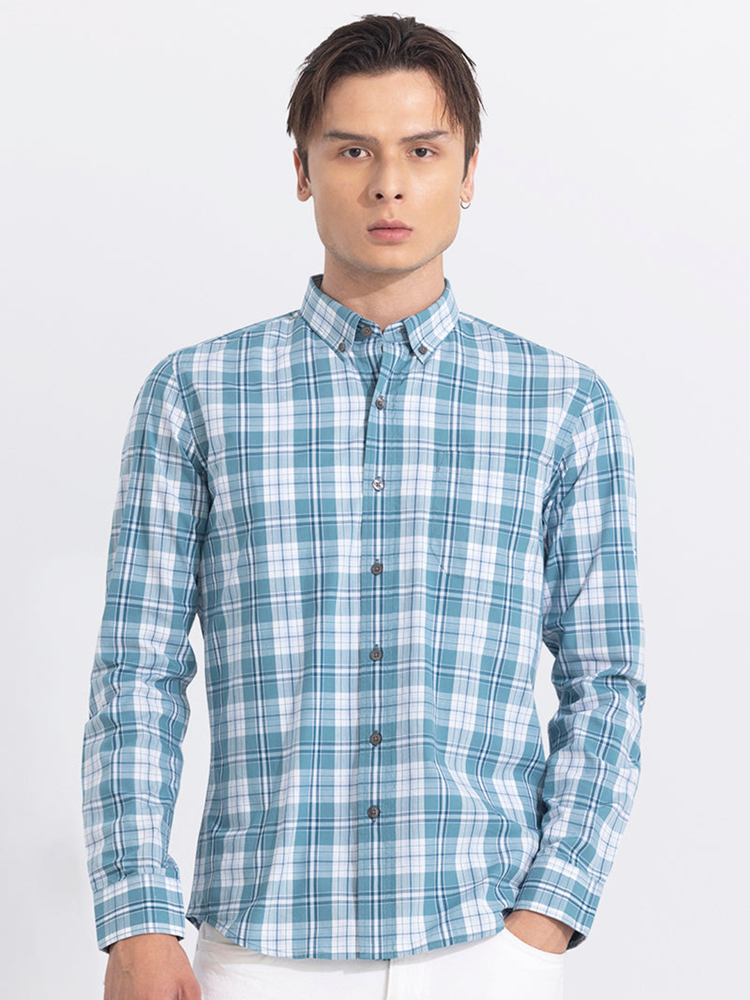 Buy Snitch Blue Classic Slim Fit Tartan Checks Opaque Pure Cotton ...