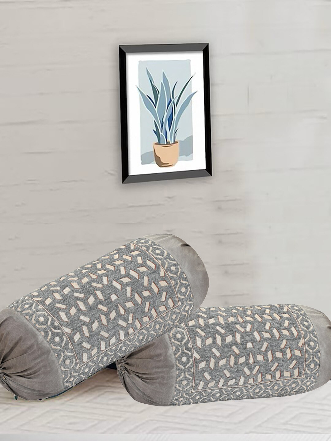 Buy DECOMIZER Grey 2 Pieces Embroidered Bricks Bolster Covers - Bolster ...