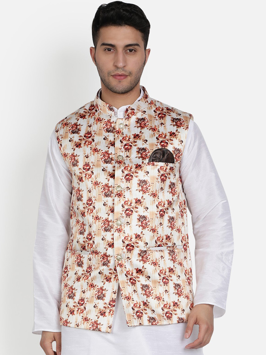 Buy Armaan Ethnic Mandarin Collar Floral Printed Satin Nehru Jacket ...