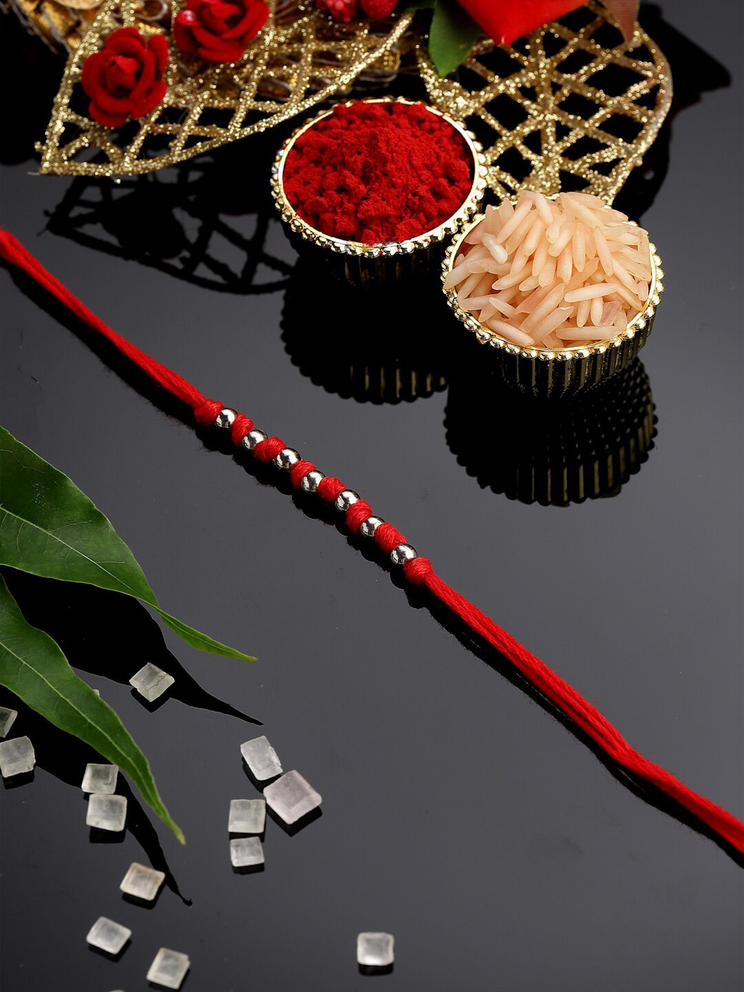 Buy PANASH Men Silver Plated Beaded Thread Rakhi Comes With Roli Chawal ...