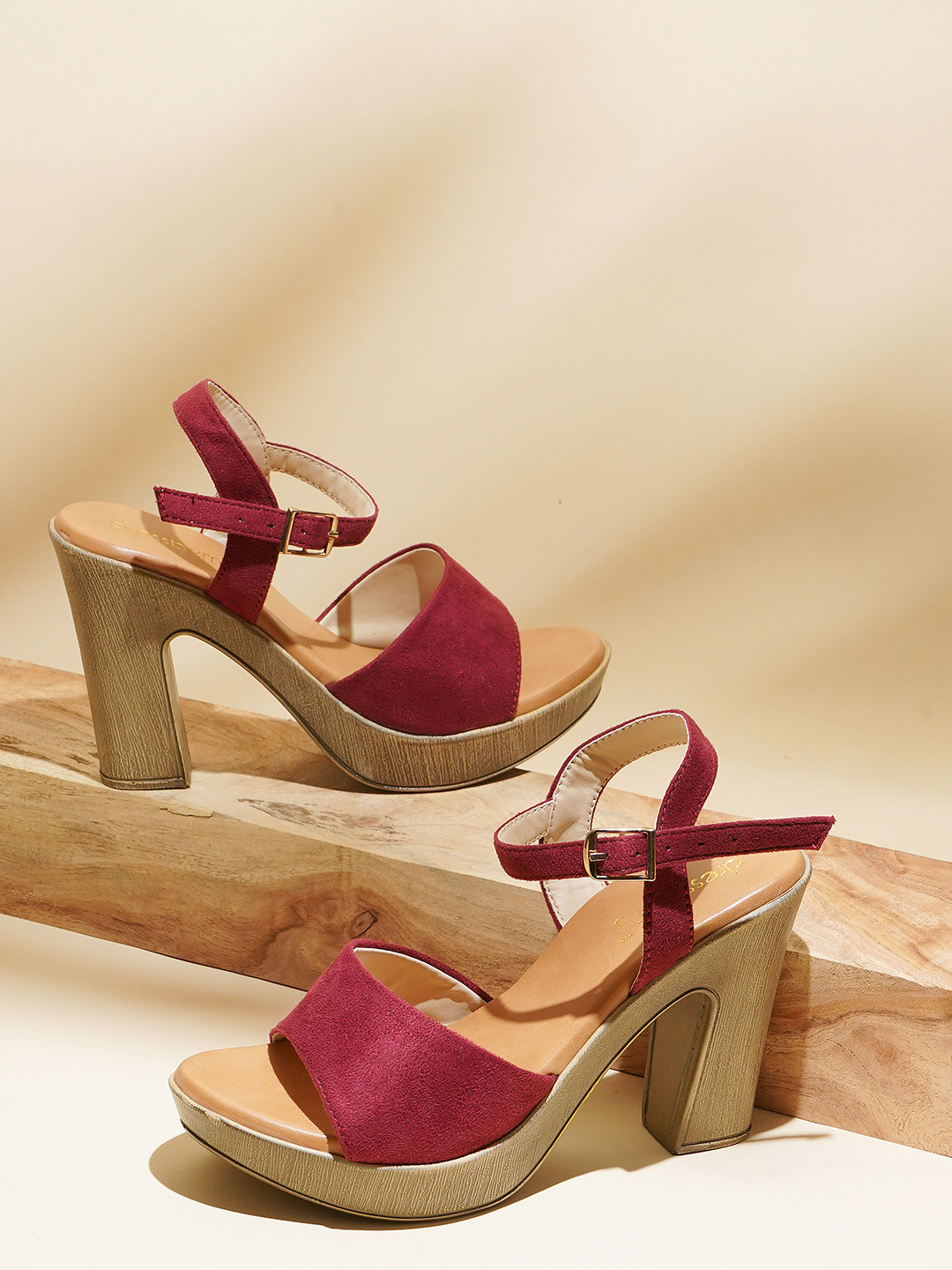 Buy DressBerry Burgundy Open Toe Suede Platform Heels With Buckle ...