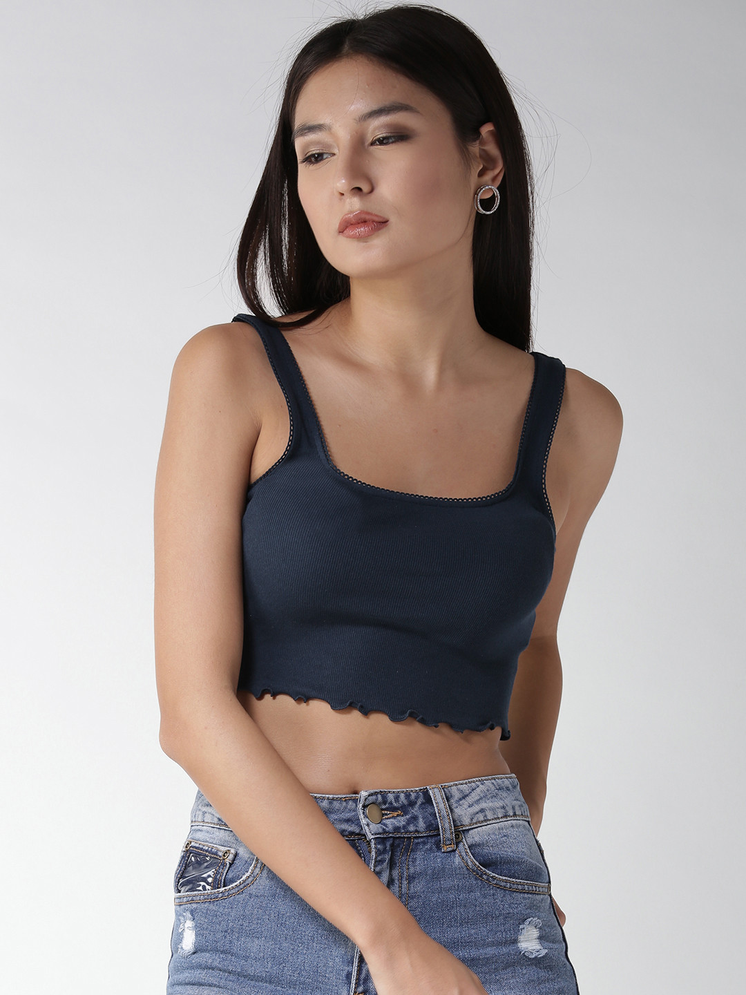 Buy FOREVER 21 Women Navy Blue Solid Fitted Crop Top - Tops for Women ...