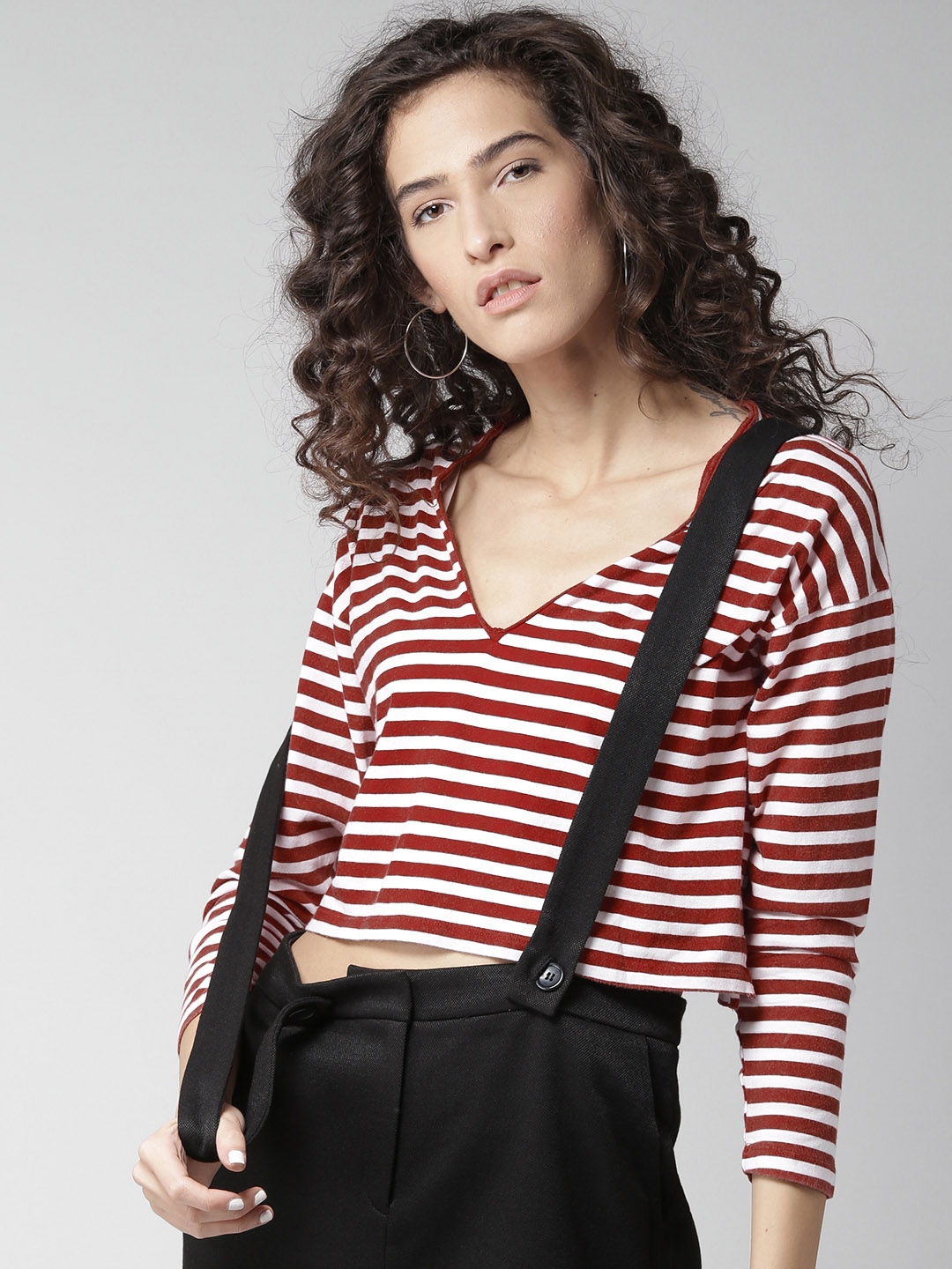 Buy Forever 21 Women Red And White Striped Boxy Crop Pure Cotton Top