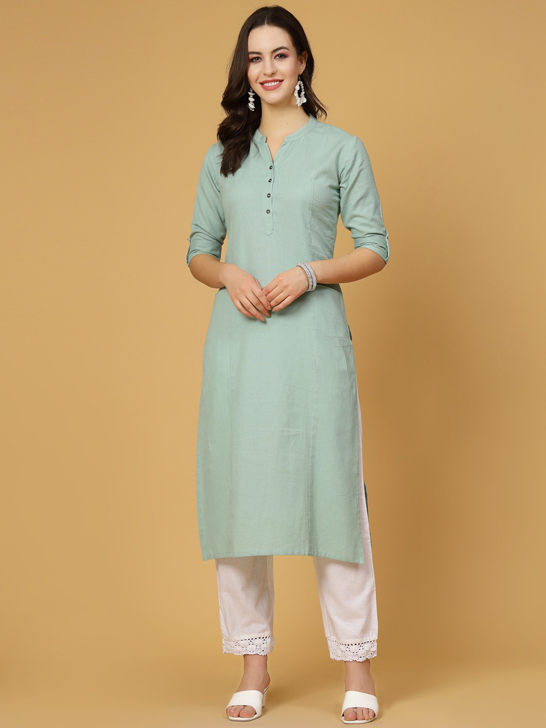 Buy Pistaa Band Collar Roll Up Sleeves Pure Cotton Kurta - Kurtas for ...
