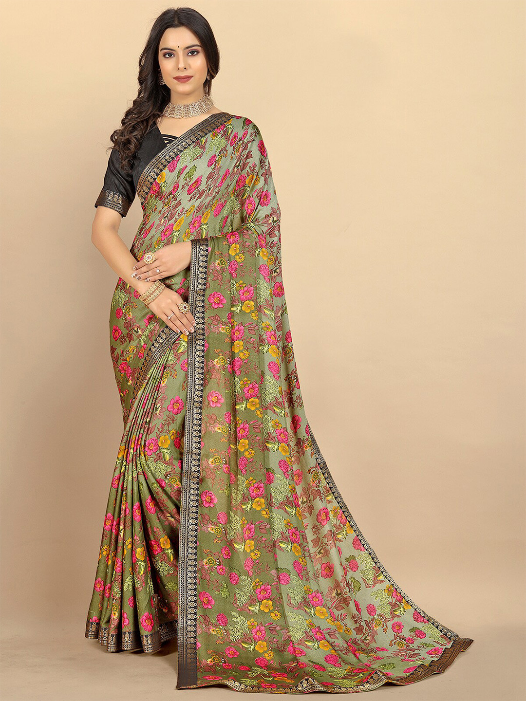 Buy Rangita Floral Printed Zari Sequinned Embellished Border Saree ...