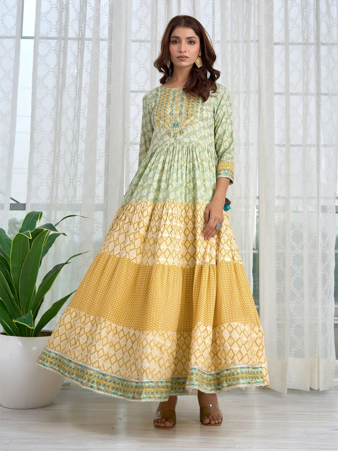 Buy Nehamta Ethnic Motifs Printed Thread Work Detail Maxi Ethnic Dress ...