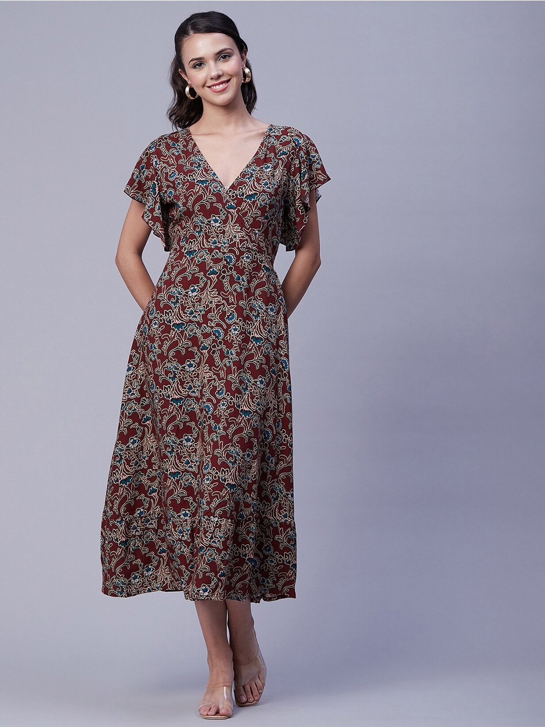 Buy Moomaya V Neck Floral Printed Flutter Sleeve Smocked Wrap Wrap Midi