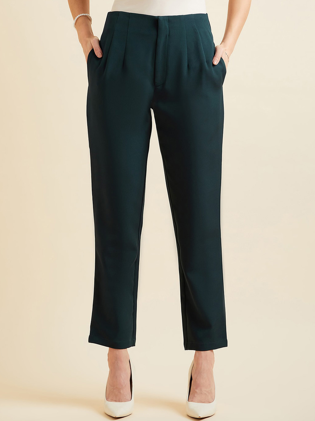 Buy PANIT Women Teal Smart Straight Fit High Rise Wrinkle Free Pleated Lycra Peg Trousers ...