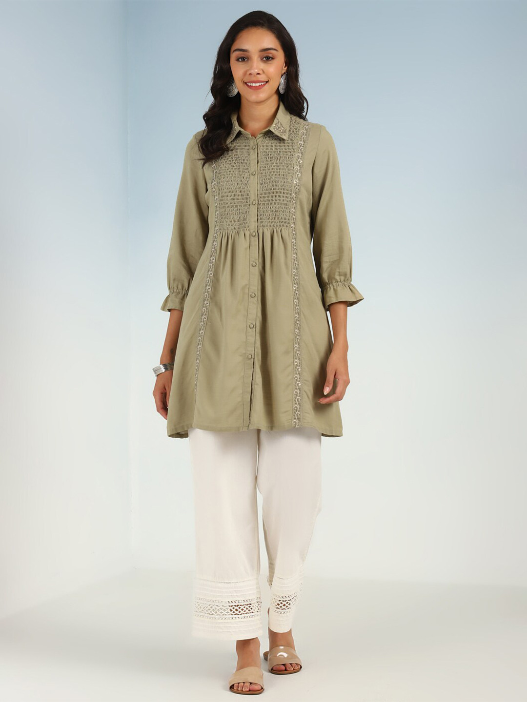 Buy Lakshita Green White Shirt Collar Embroidered Tunic Tunics For