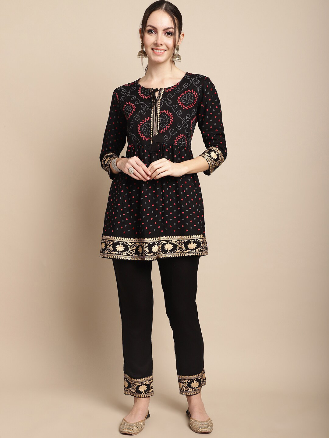 Buy ANAISA Bandhani Printed Tie Up Neck Kurti With Trousers - Kurta ...