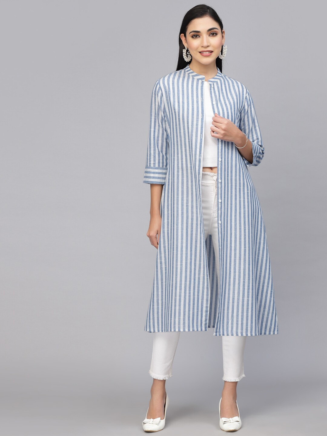 Buy LARGISH Striped Cotton Longline Button Shrug - Shrug for Women ...