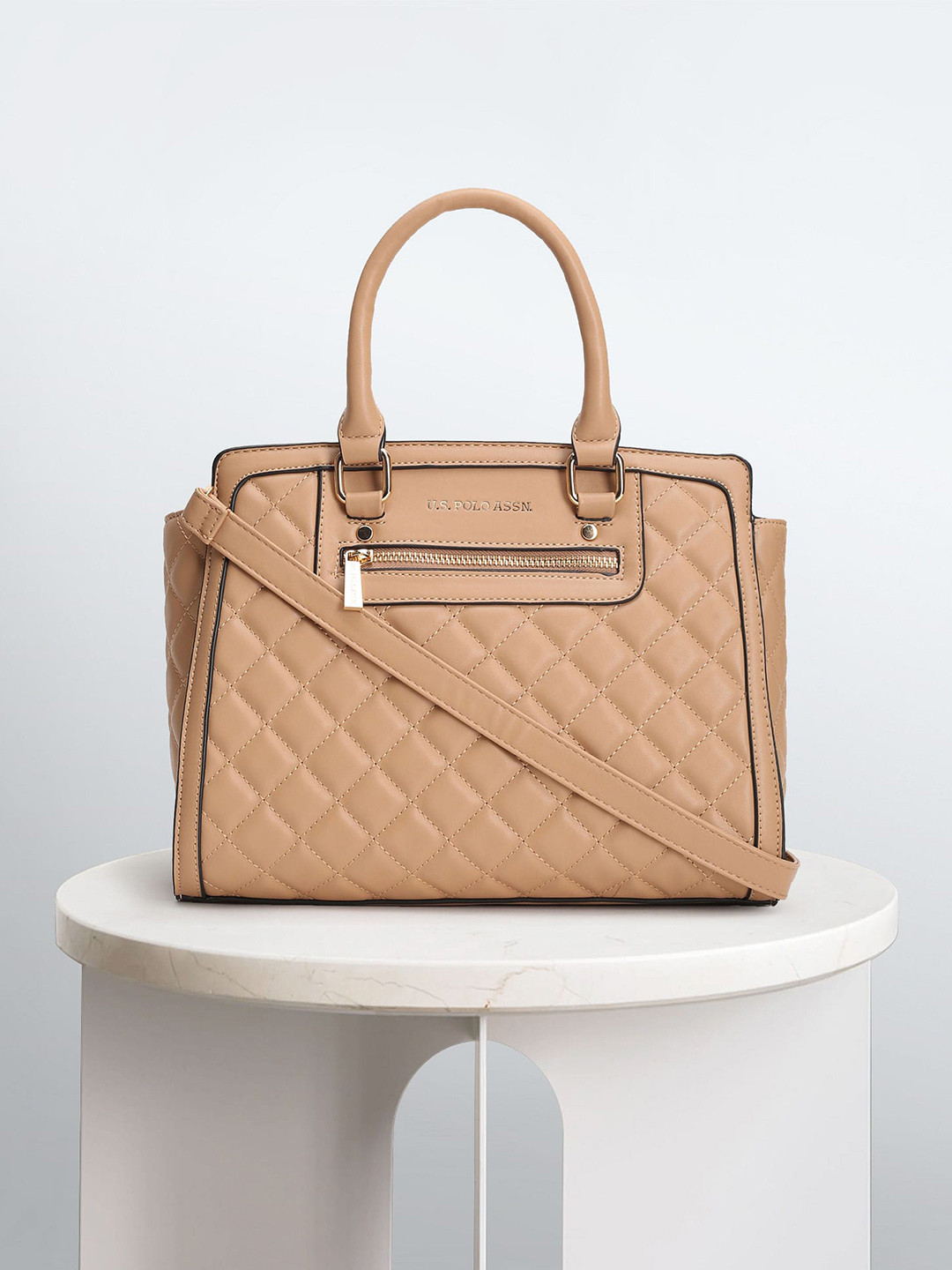 Buy U.S. Polo Assn. Women Beige Structured Handheld Bag With Quilted ...