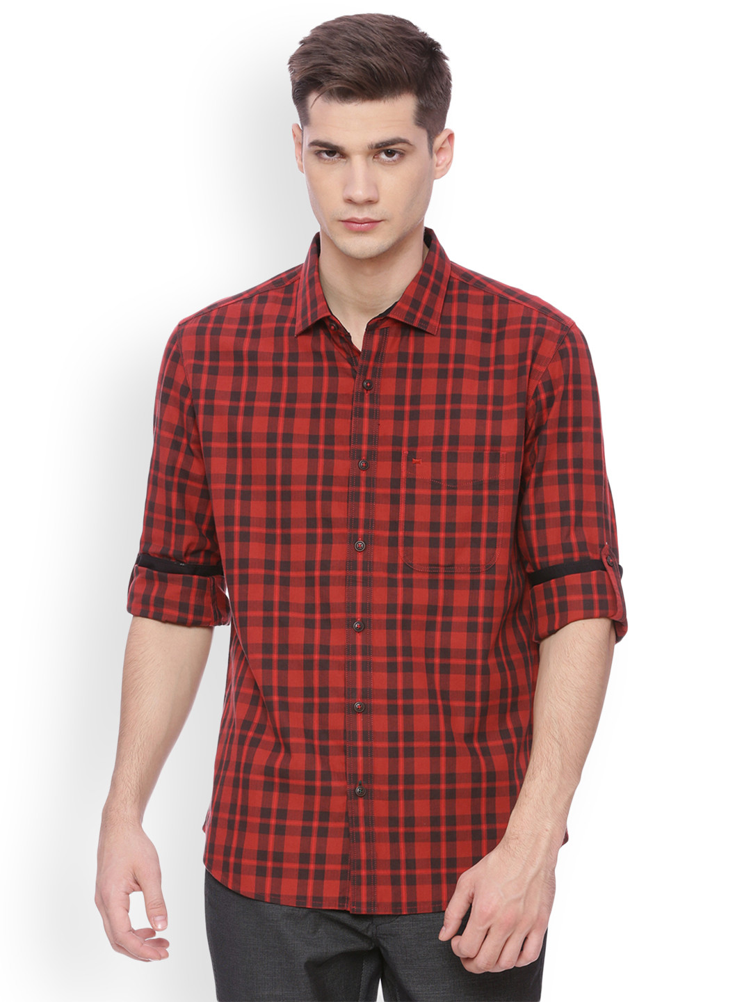 Buy Basics Men Red & Black Slim Fit Checked Casual Shirt - Shirts for ...