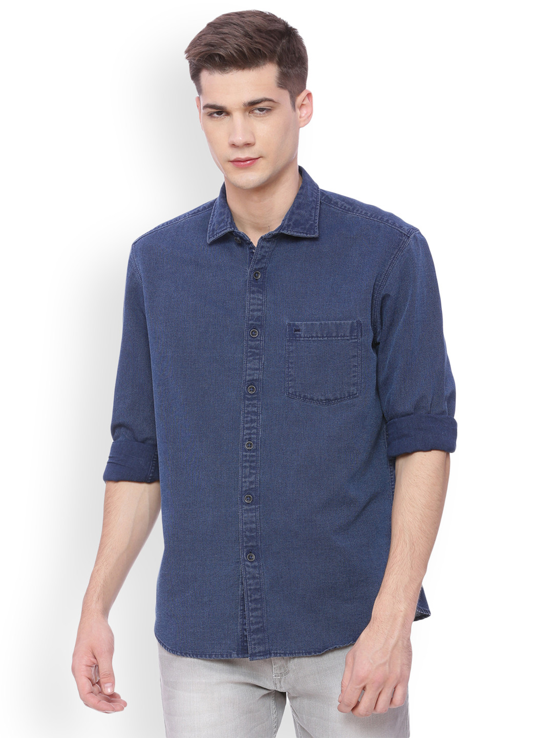Buy Basics Men Blue Slim Fit Solid Casual Shirt - Shirts for Men ...