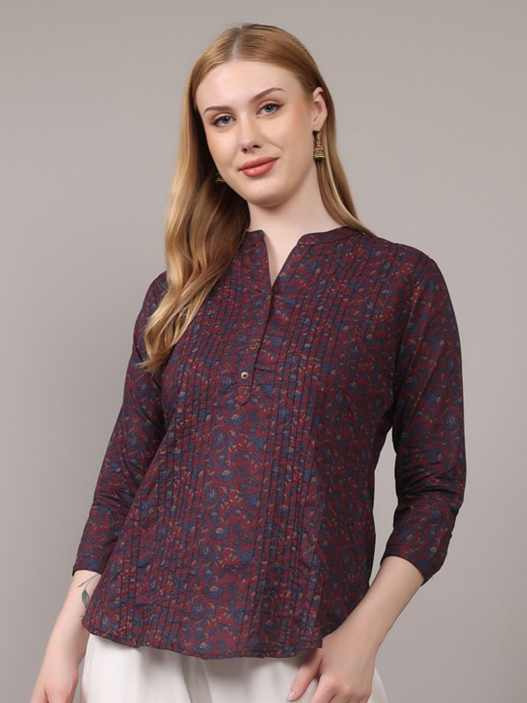 Buy SUTI Floral Printed Mandarin Collar Pure Cotton Shirt Style Top ...