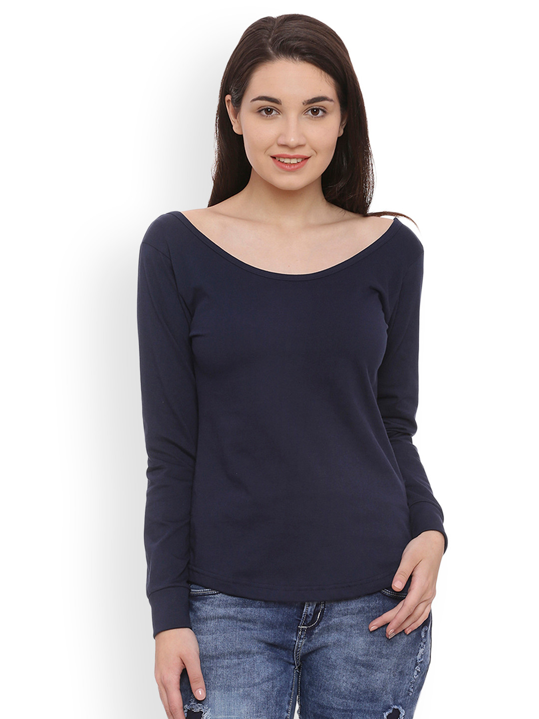 Buy The Dry State Women Navy Blue Solid Boat Neck T Shirt - Tshirts for ...