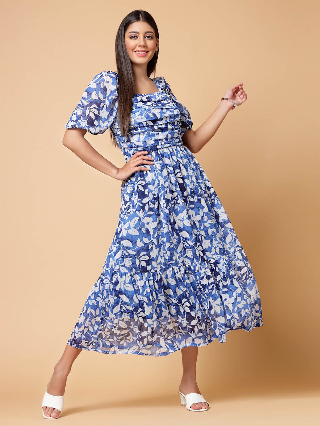 Buy PlusS Blue Floral Print Cold Shoulder Fit & Flare Midi Dress ...