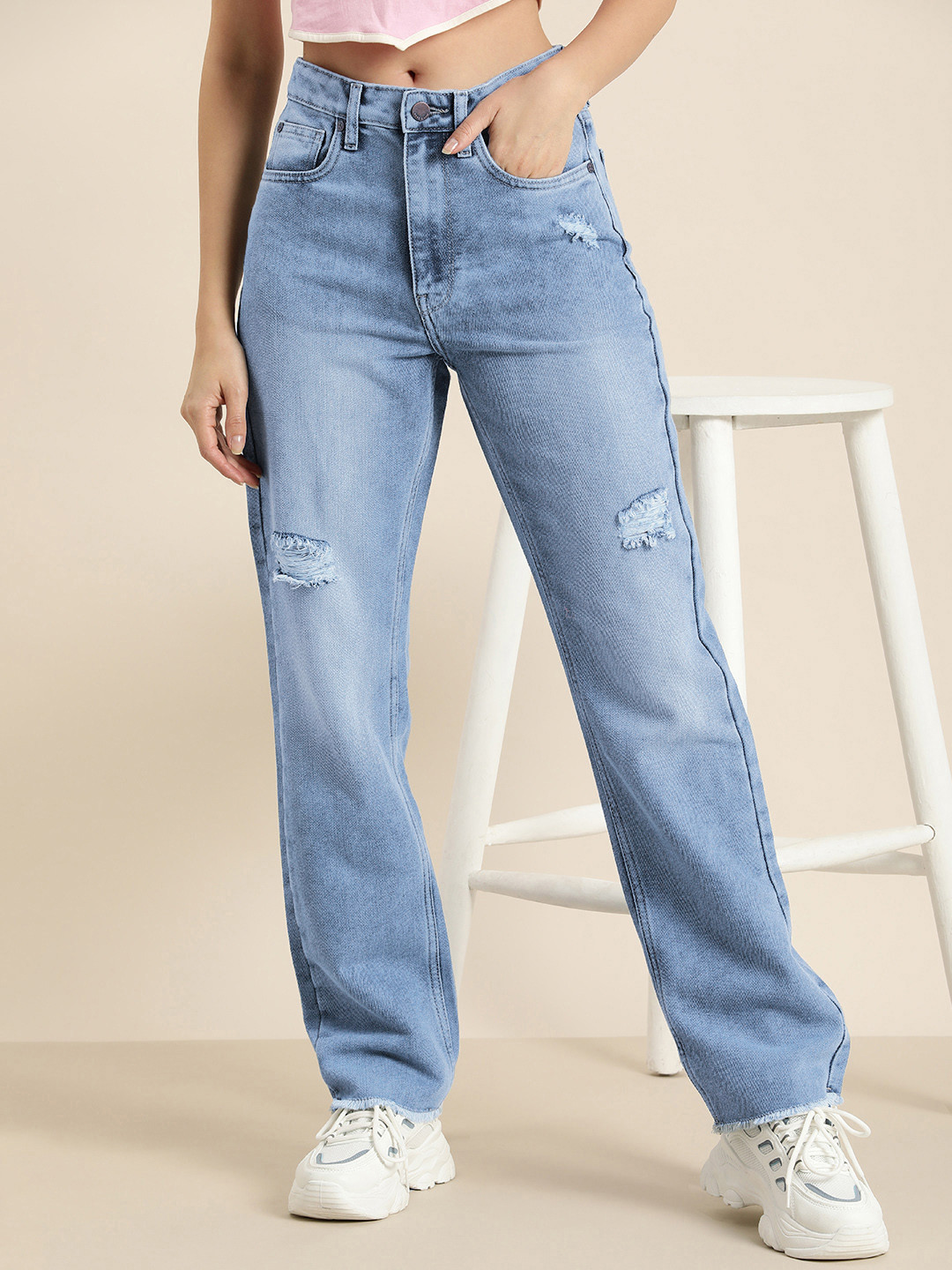 Buy HERE&NOW Women Straight Fit Low Distress Light Fade Stretchable ...