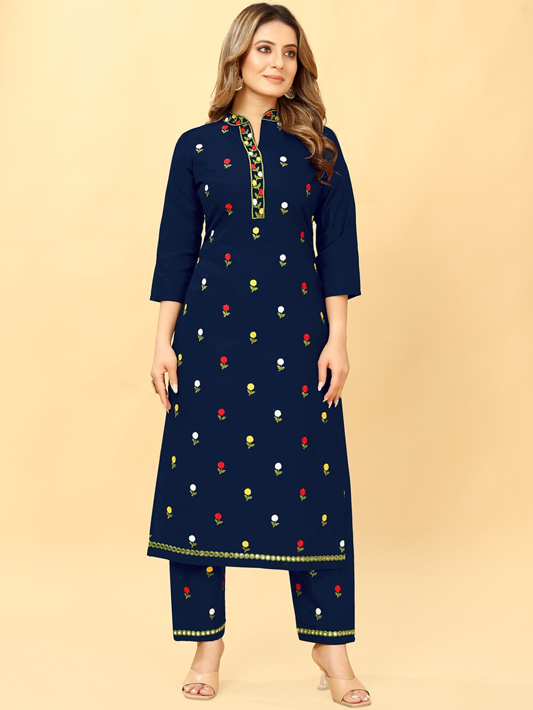 Buy Mbl Floral Embroidered Regular Thread Work Kurta With Trousers