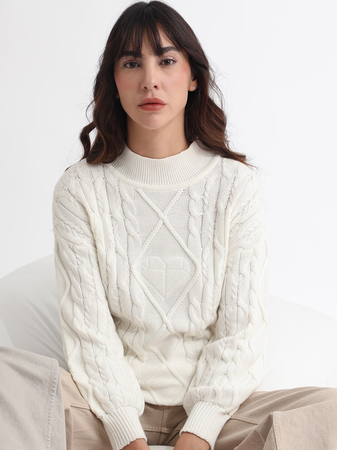 Buy RAREISM Self Design Cable Knit Turtle Neck Cotton Sweater ...