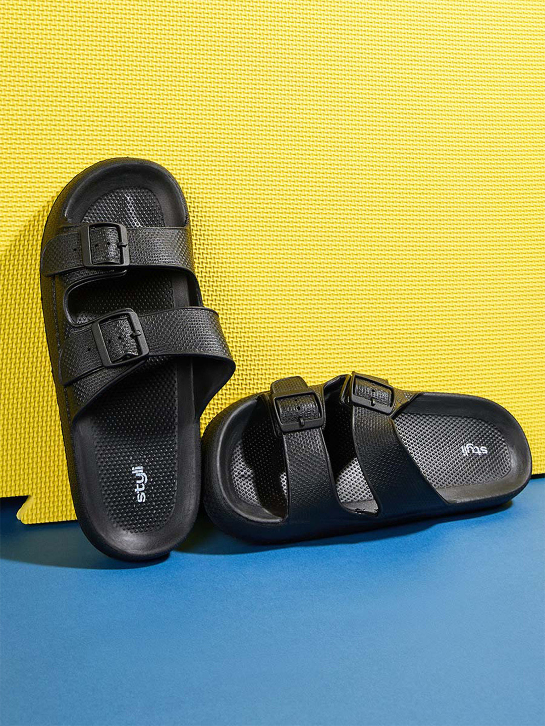 Buy Styli Men Black Textured Double Strap Open Toe Sliders - Flip Flops ...