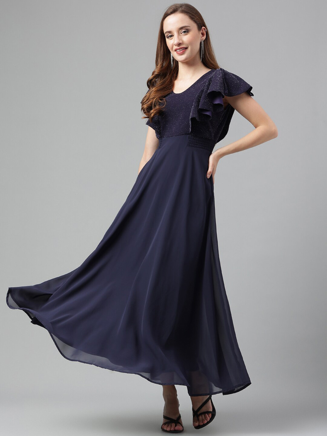 Buy Latin Quarters Self Design Flutter Sleeves Gathered Maxi Dress ...
