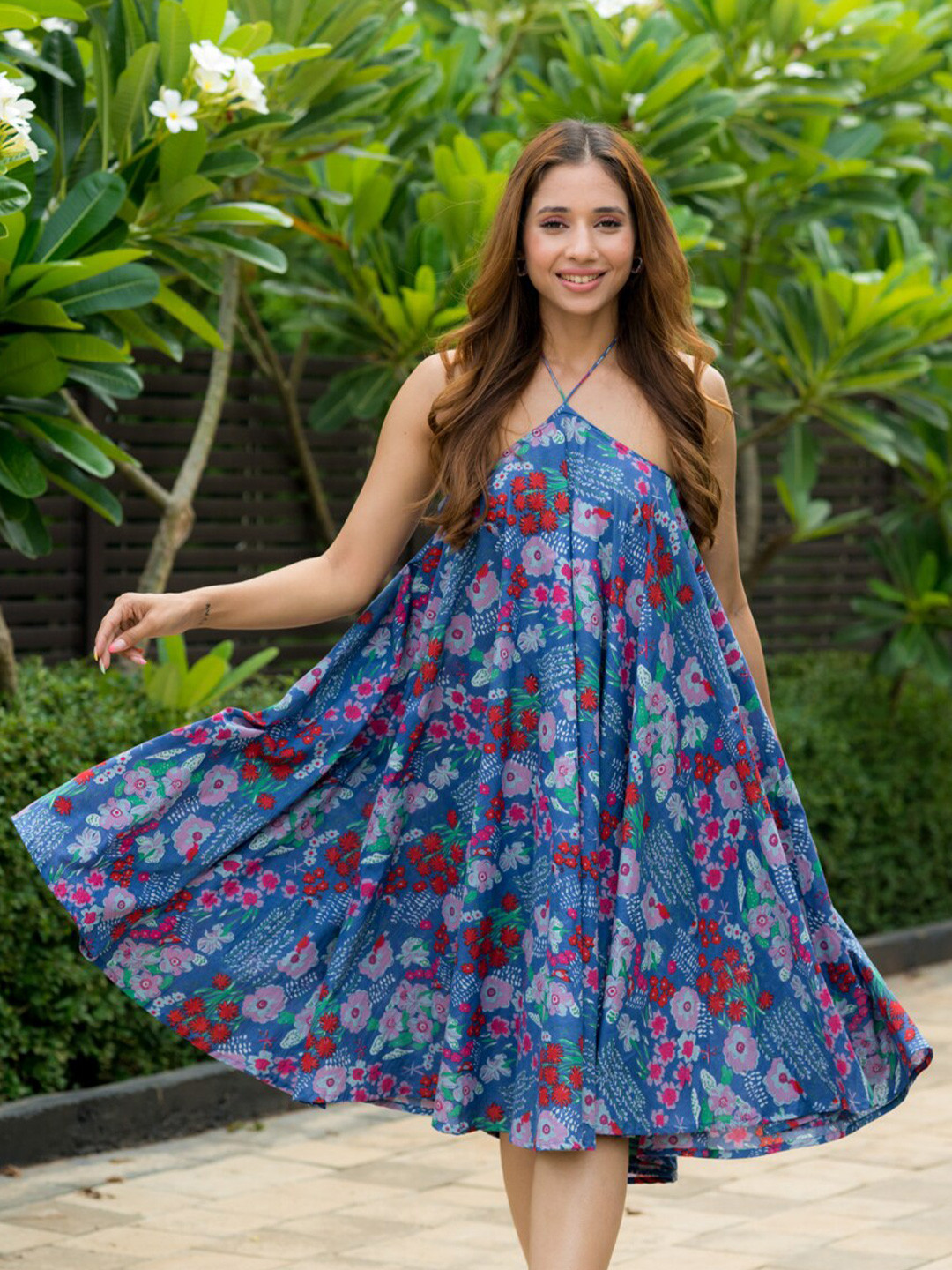 Buy Ambraee Floral Printed Halter Neck Cotton A Line Midi Dress ...