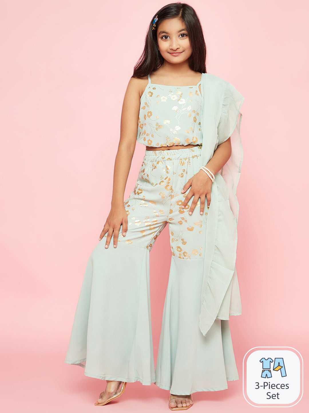 Buy Aks Kids Girls Foil Printed Crop Top & Sharara With Ruffle Dupatta ...