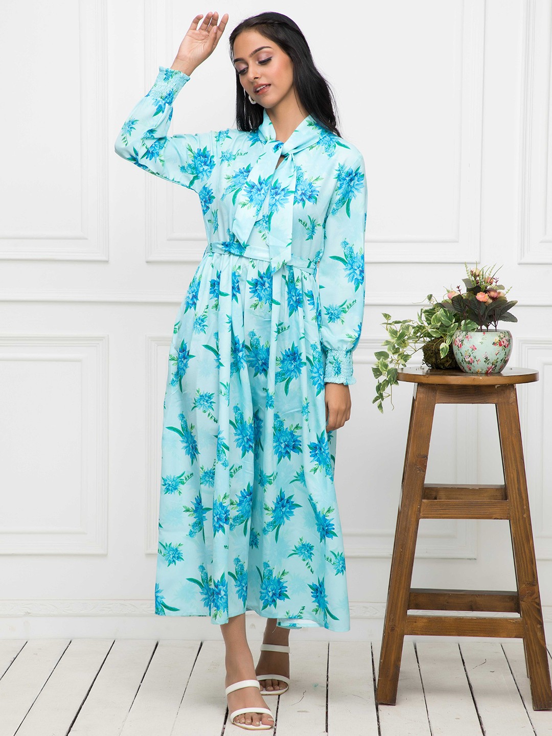 Buy Kalini Floral Printed Tie Up Neck Cuffed Sleeves A Line Midi Dress