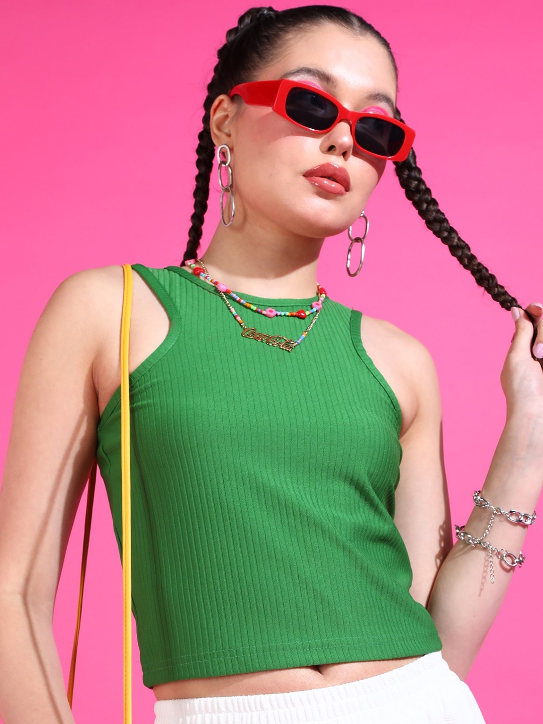 Buy Popwings Green Rib Sleeveless Crop Top Tops For Women 24456564