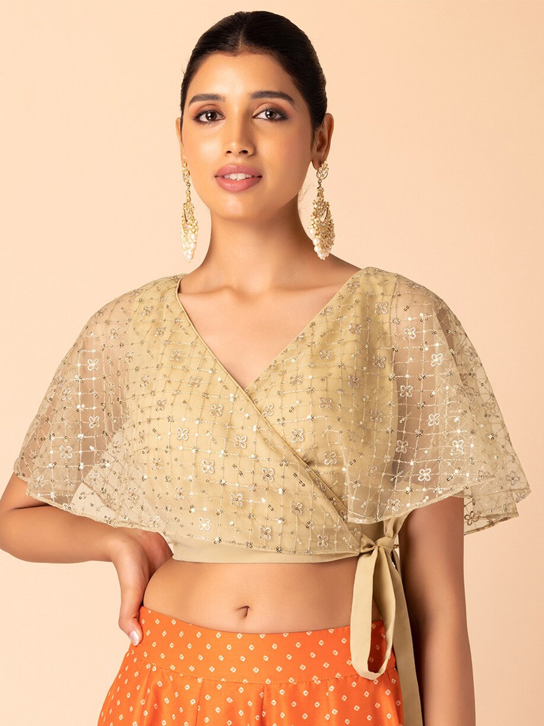 Buy Rang By Indya Embellished V Neck Flared Sleeves Sequinned Wrap Crop Top Tops For Women