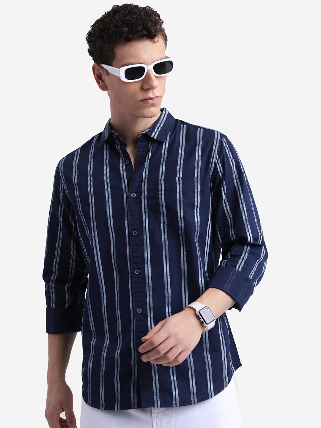 Buy KETCH Navy Blue Slim Fit Opaque Striped Cotton Casual Shirt ...