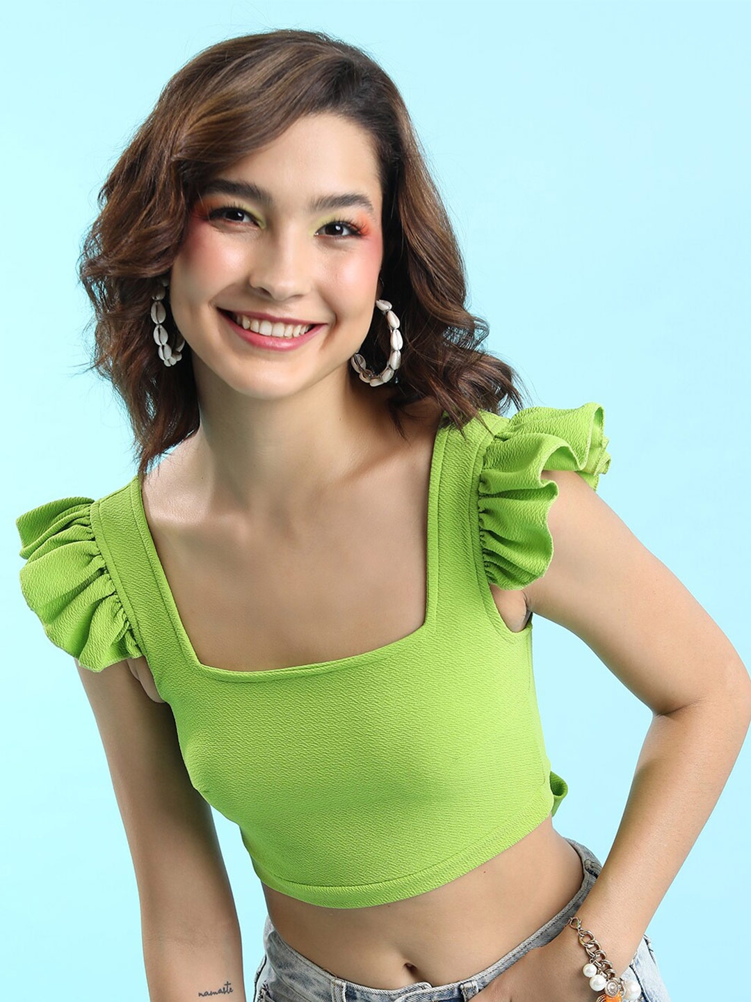 Buy Tokyo Talkies Green Square Neck Flutter Sleeves Tie Ups Fitted Crop