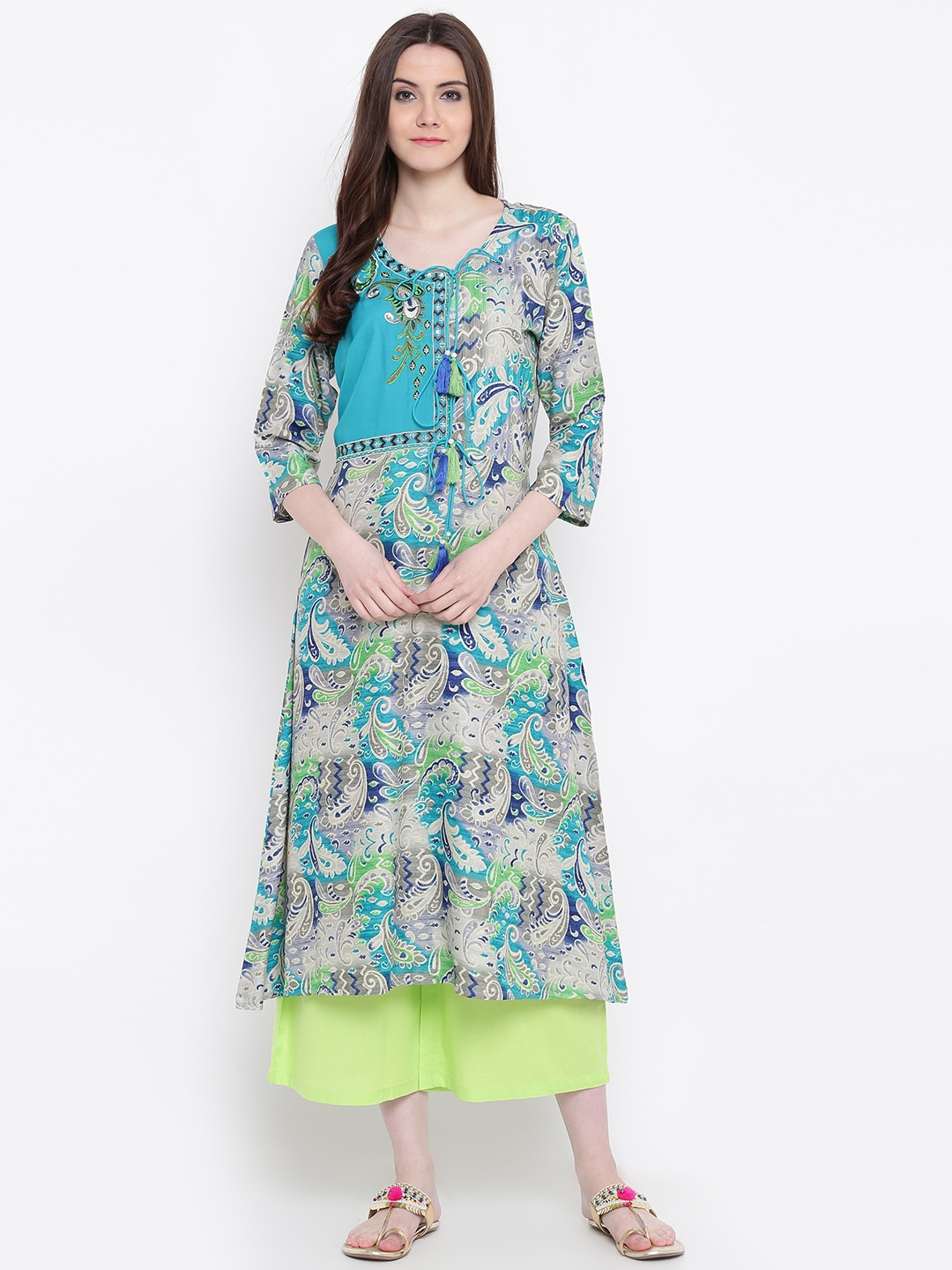 Buy Shree Women Blue & Lime Green Printed A Line Kurta With Palazzos ...