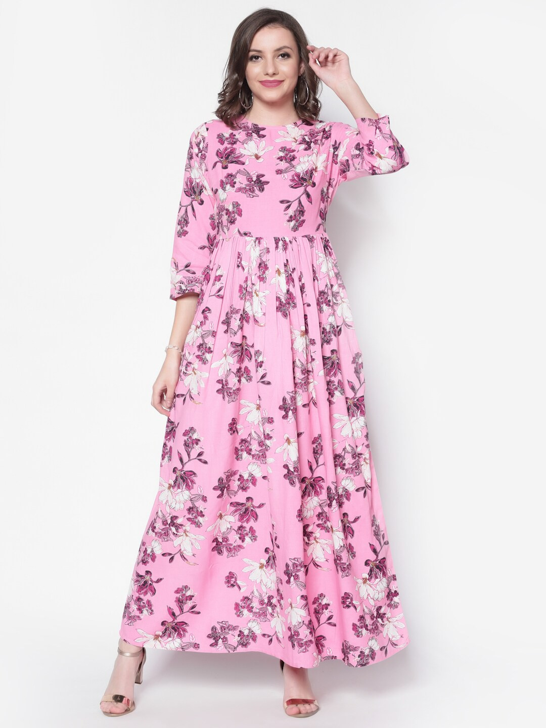 Buy Sera Pink Floral Printed Gathered Detail Liva Maxi Dress - Dresses ...