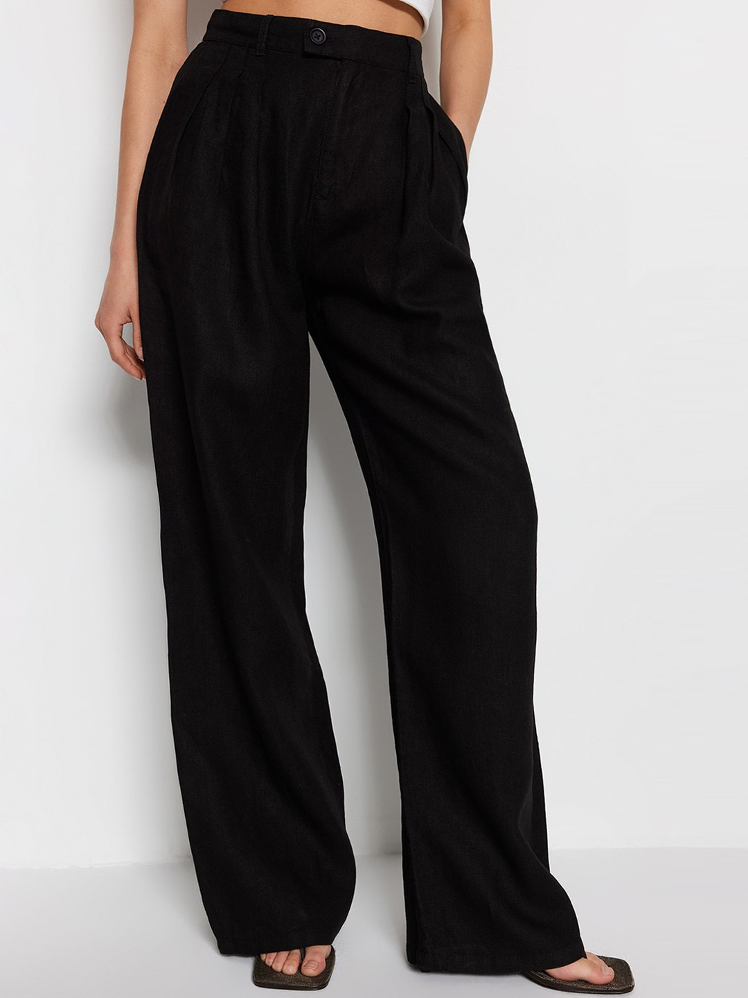 Buy Trendyol Women High Rise Pure Linen Parallel Trousers - Trousers ...