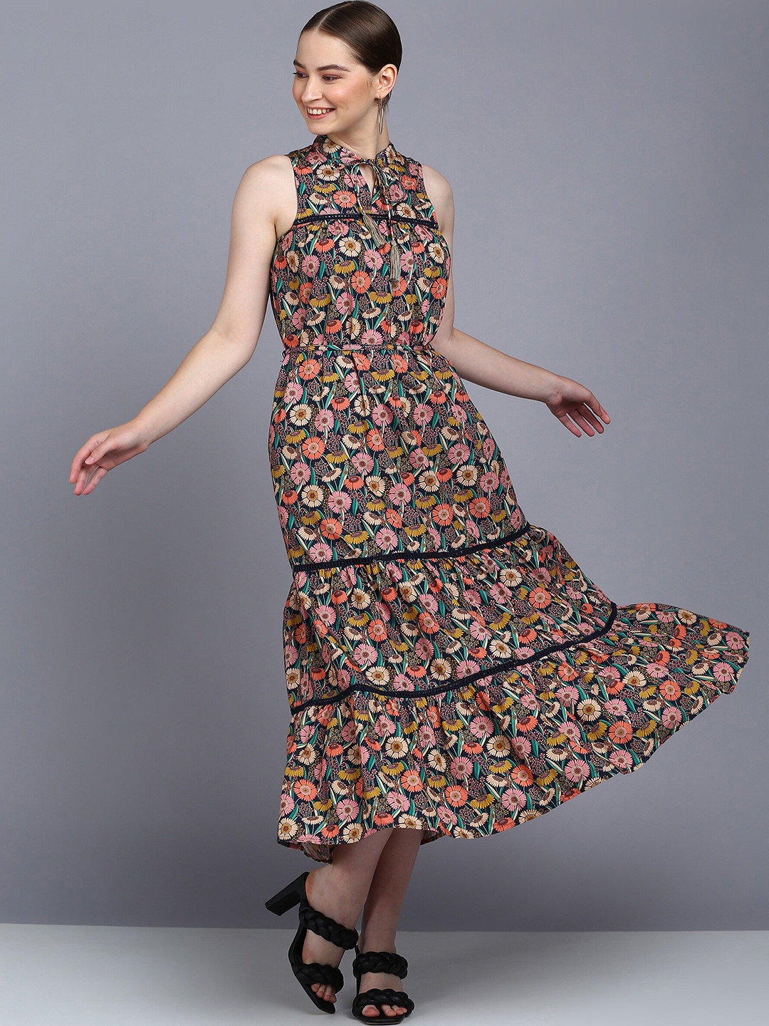 Buy Mast And Harbour Navy Blue And Orange Floral Printed Tiered Tie Up Neck