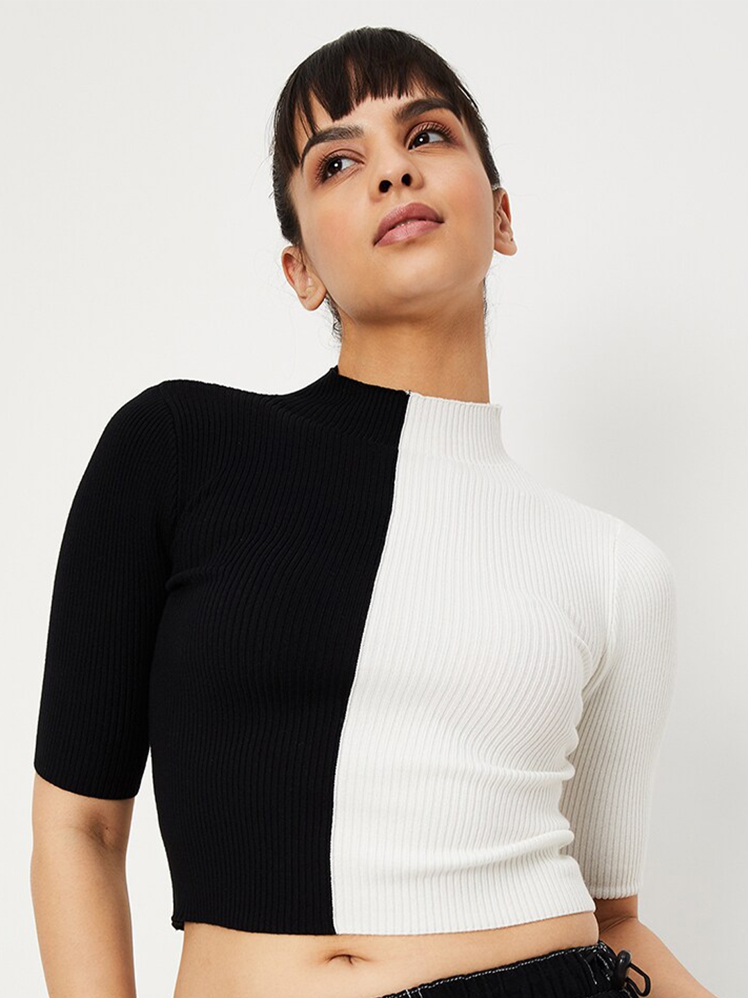Buy Max Colourblocked High Neck Monochrome Fitted Crop Top Tops For
