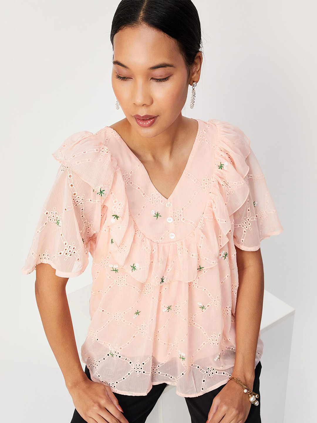 Buy Max Self Design V Neck Flared Sleeve Ruffled & Embroidered Top ...