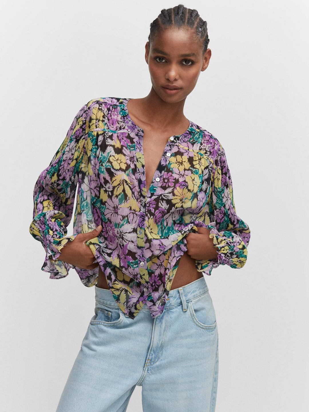 Buy MANGO Floral Print Textured Band Collar Top - Tops for Women ...