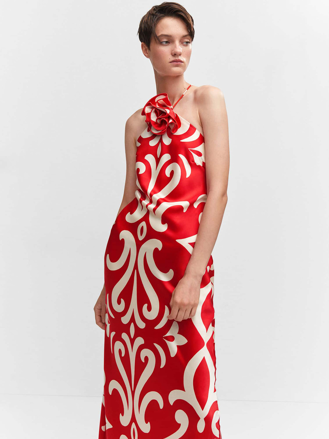 Buy MANGO Printed Halter Neck Flower Detail Satin Maxi Dress - Dresses ...