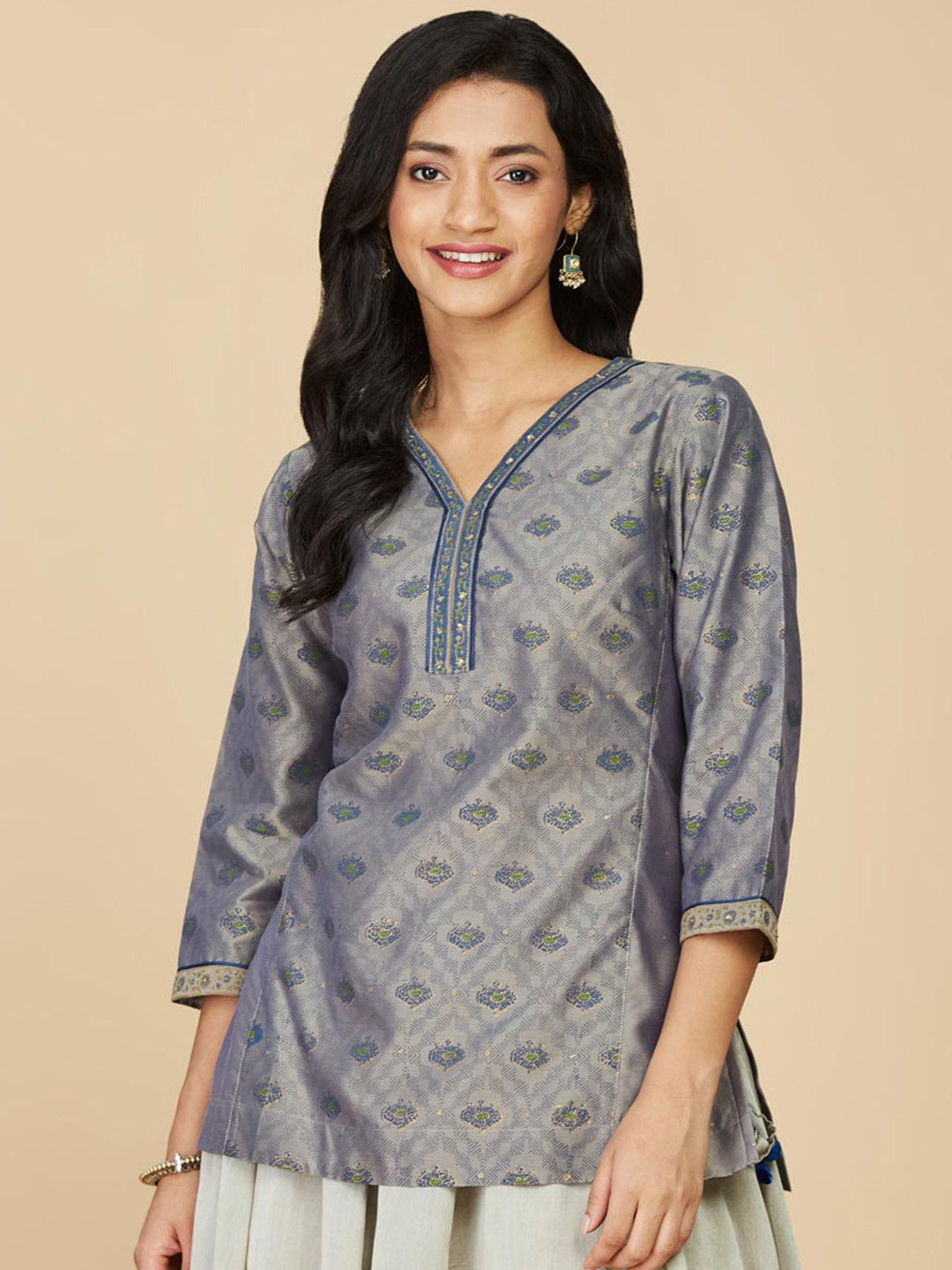 Buy Fabindia Ethnic Motifs Block Printed Straight Kurti - Kurtis for ...