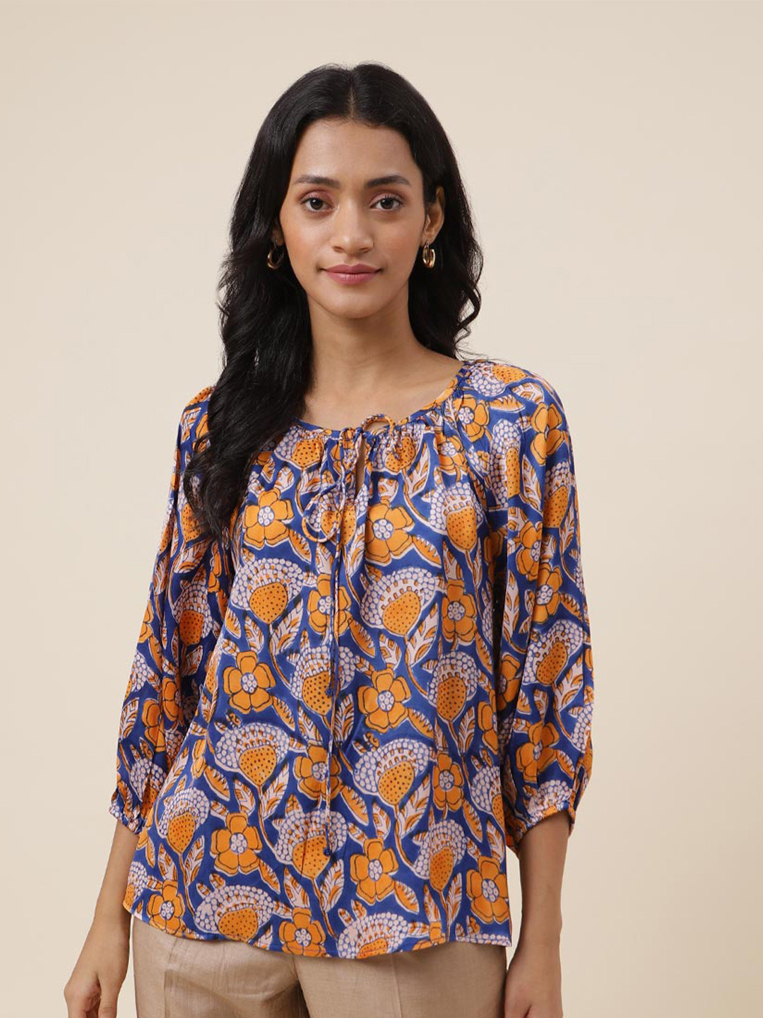Buy Fabindia Ethnic Motifs Printed Tie Up Neck Top - Tops for Women ...
