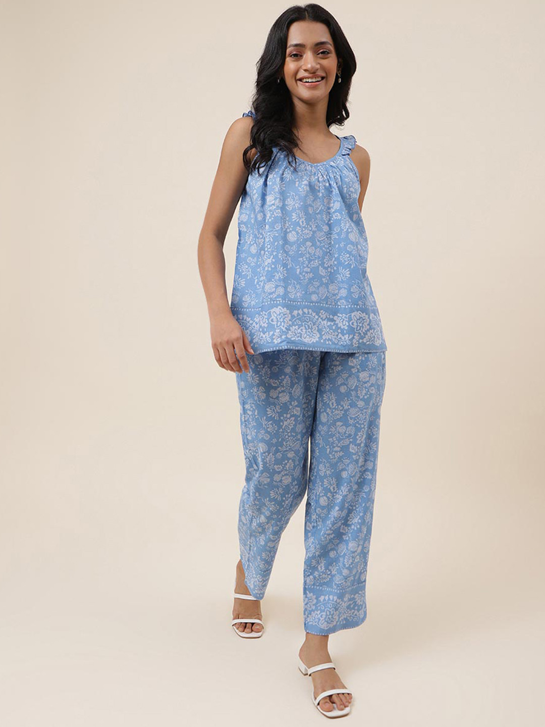 Buy Fabindia Women Floral Printed Pure Cotton Top With Trousers - Night ...