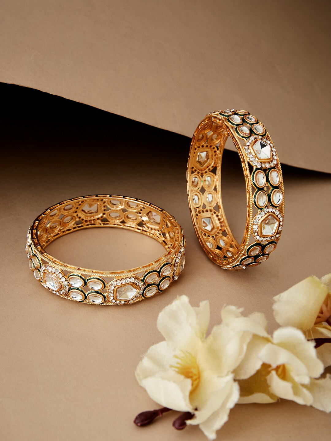 Buy ATIBELLE Set Of 2 Gold Plated Kundan Stones Studded Bangles ...