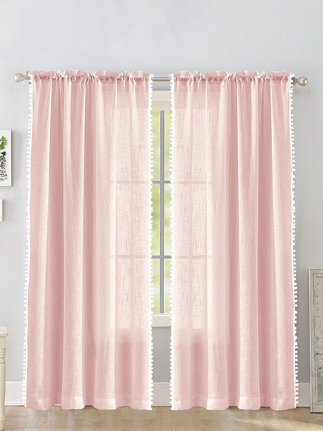 Buy HOMEMONDE 2 Pcs Pink & White Sheer Cotton Door Curtain - Curtains ...